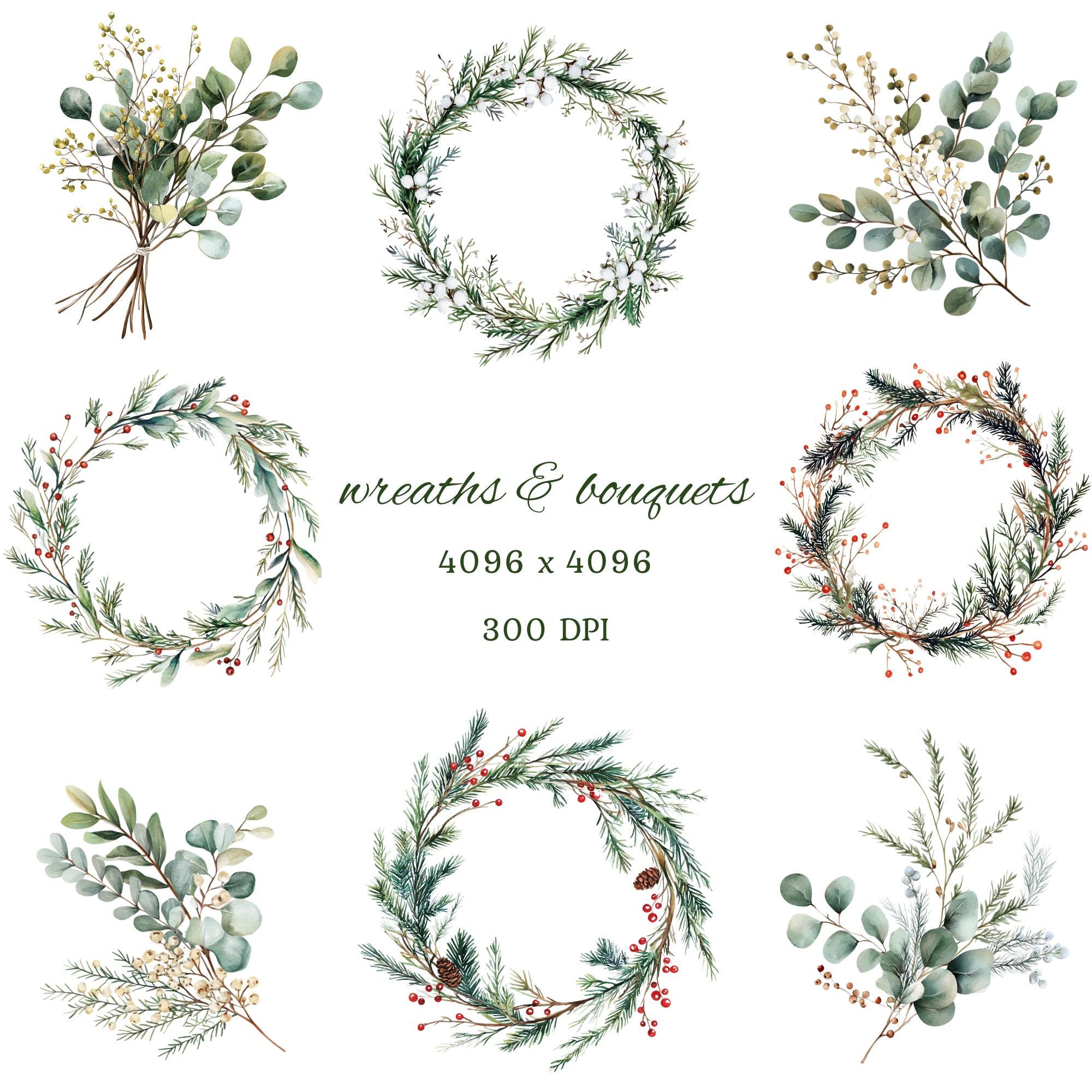 Watercolor Christmas Greenery Clipart Png Bundle, Cozy Winter Greenery ...
