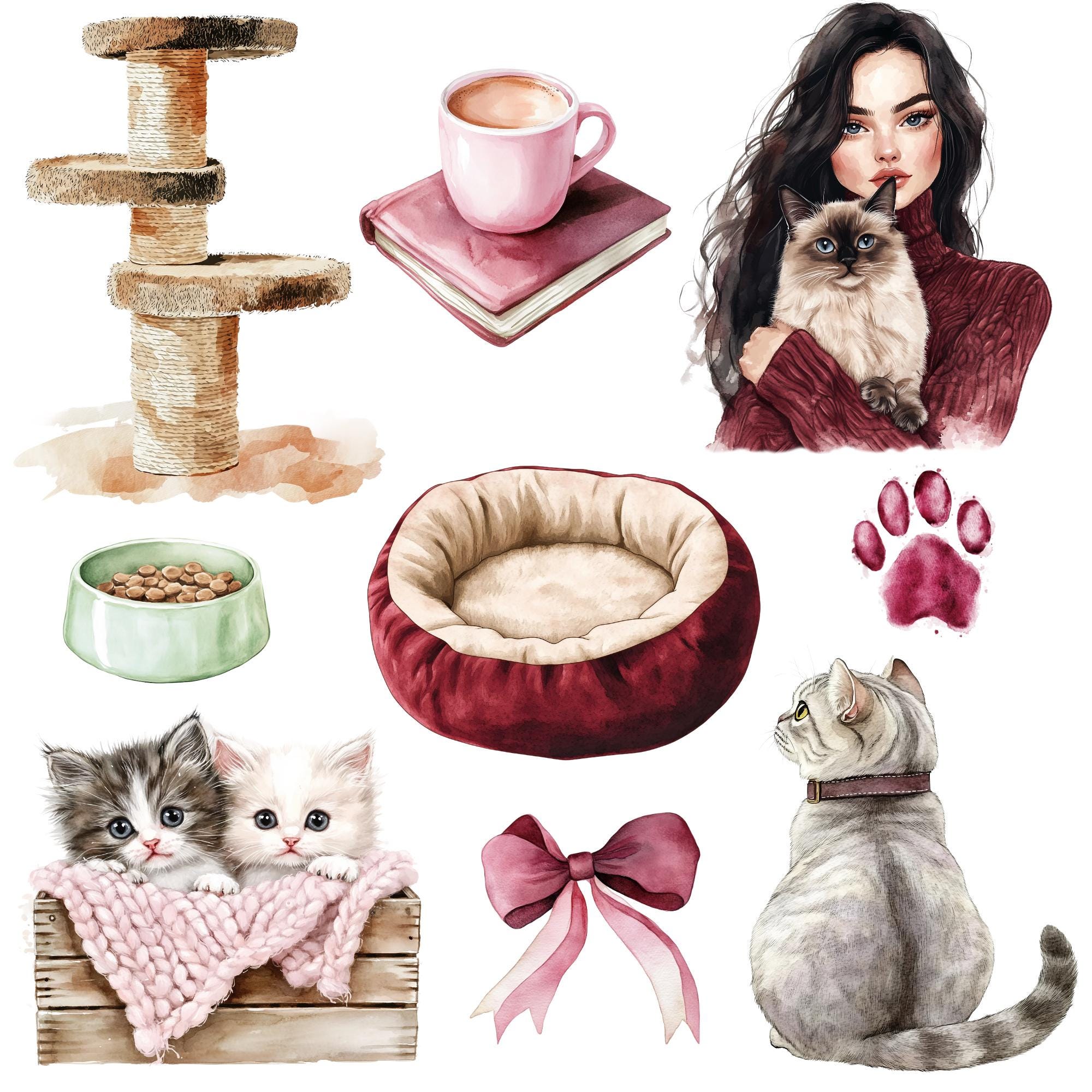 Watercolor Cozy Cat Mom Clipart Png Bundle, Sleeping Cat Clipart ...