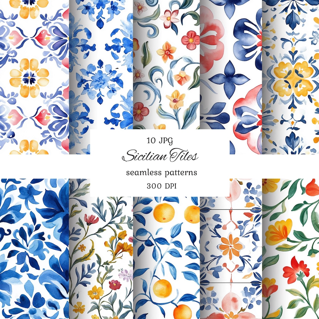 Watercolor Sicilian Tile Seamless Pattern, Blue and White Tile ...
