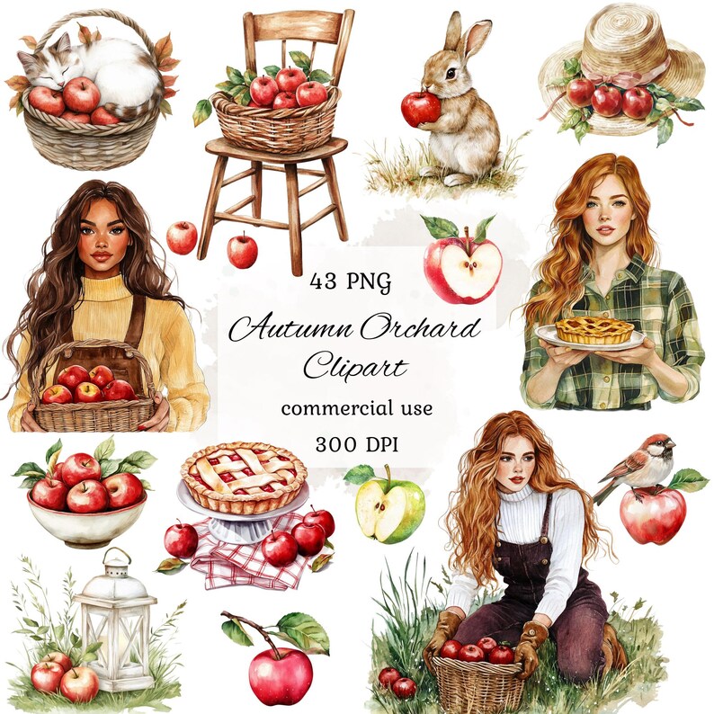 Watercolor Apple Harvest Clipart Png Bundle, Watercolor Autumn Clipart ...