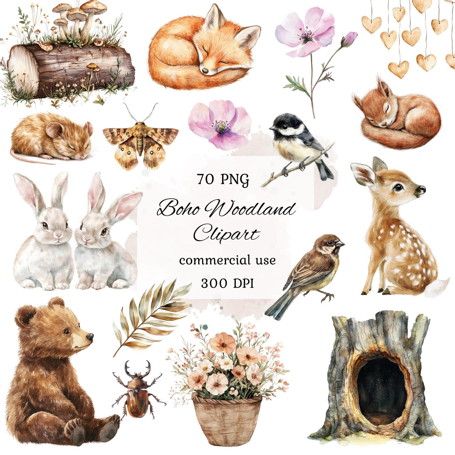 Watercolor Boho Woodland Animals Clipart, Woodland Creatures Clipart ...