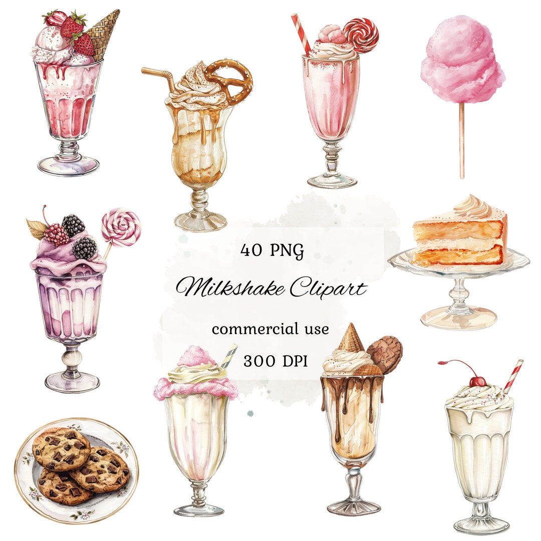 Milkshake Watercolor Clipart Png Bundle, Summer Clipart, Dessert ...
