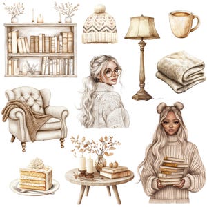 Cozy Autumn Reading Clipart Png Bundle, Watercolor Neutral Illustration ...