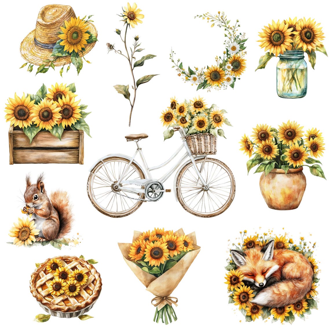 Watercolor Sunflower Garden Clipart Png Bundle, Watercolor Sunflower ...