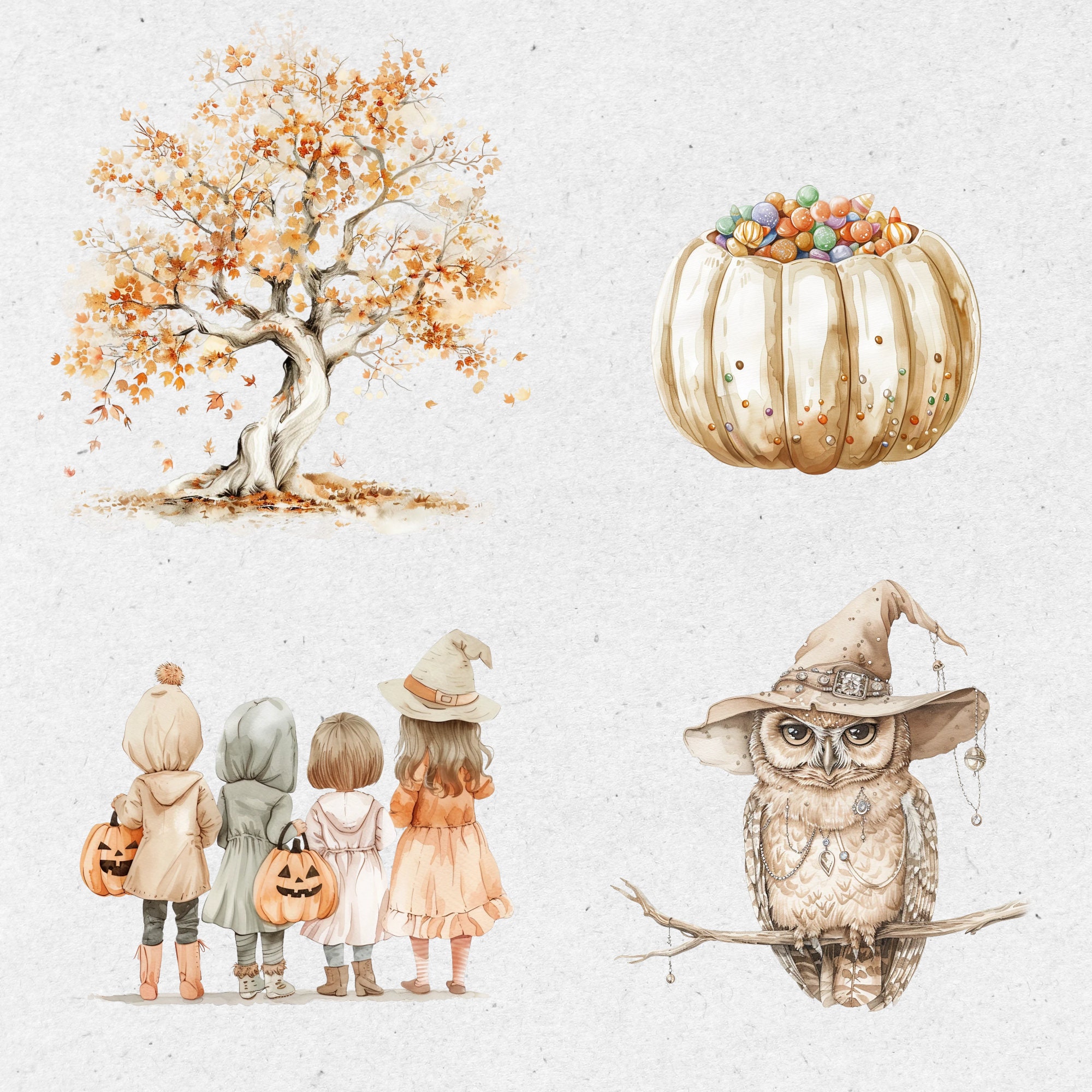 Watercolor Beige Halloween Clipart Png Bundle, Cute Neutral Halloween ...