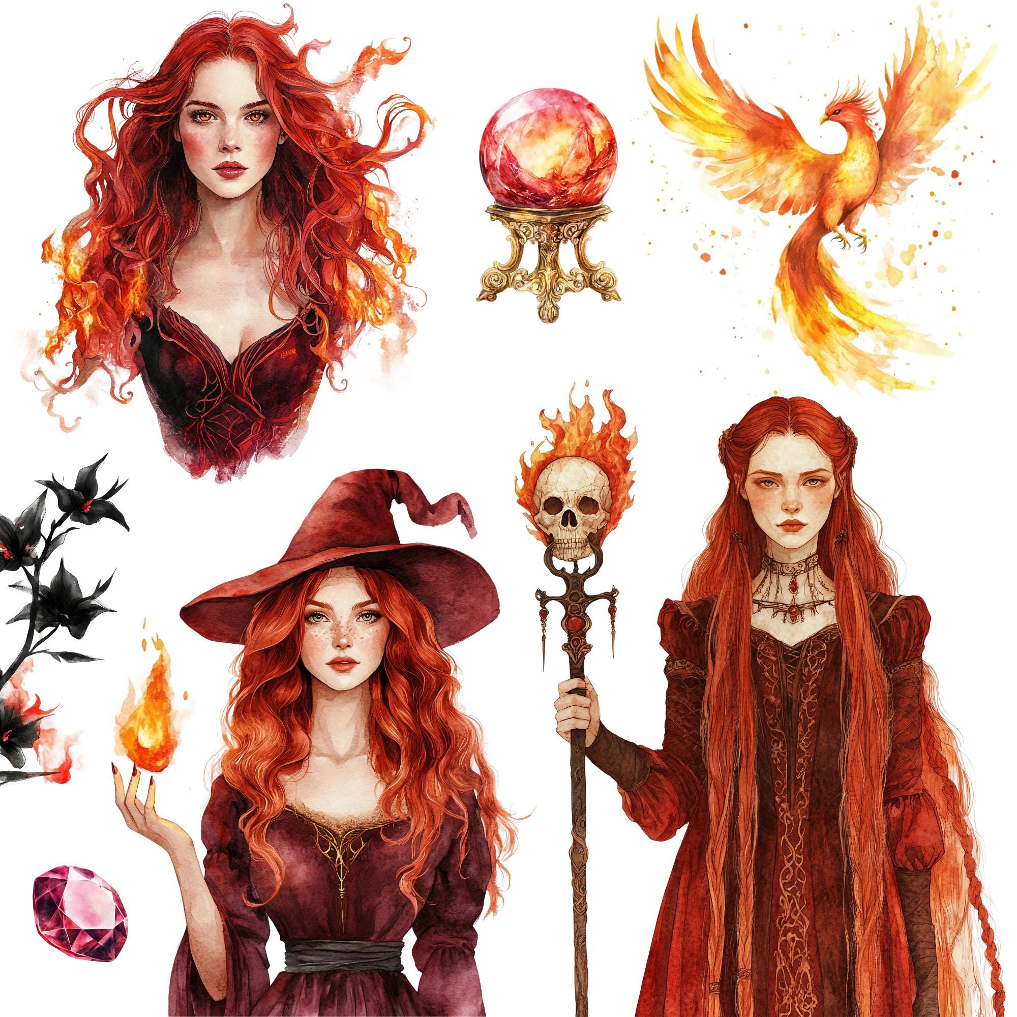 Watercolor Fire Witch Clipart Png Bundle, Fantasy Witch Art, Fire ...