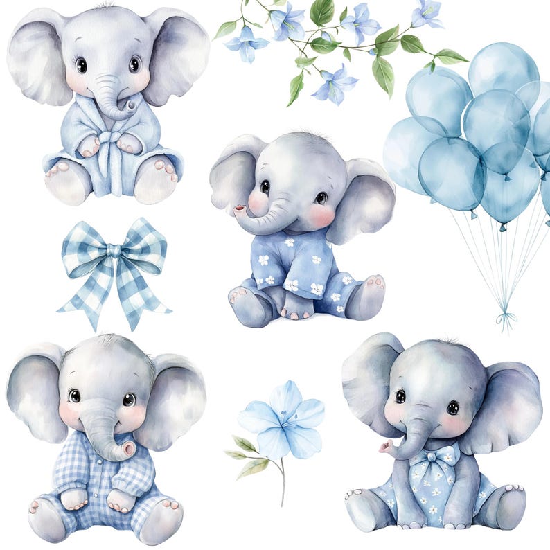 Watercolor Blue Baby Elephants Clipart Png Bundle, Blue Elephant Baby ...
