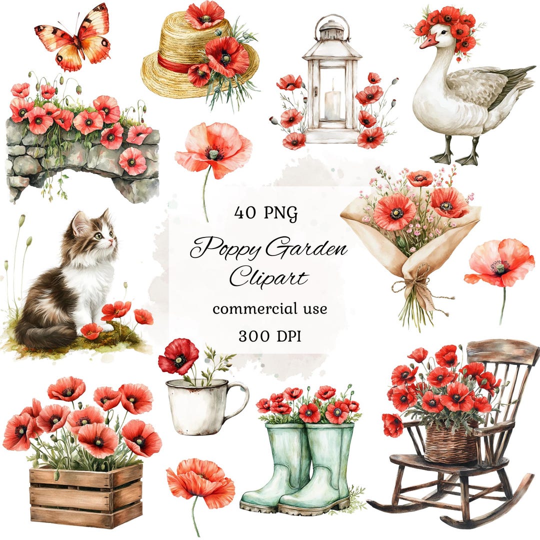 Watercolor Poppy Garden Clipart Png Bundle, Watercolor Poppy Clipart ...