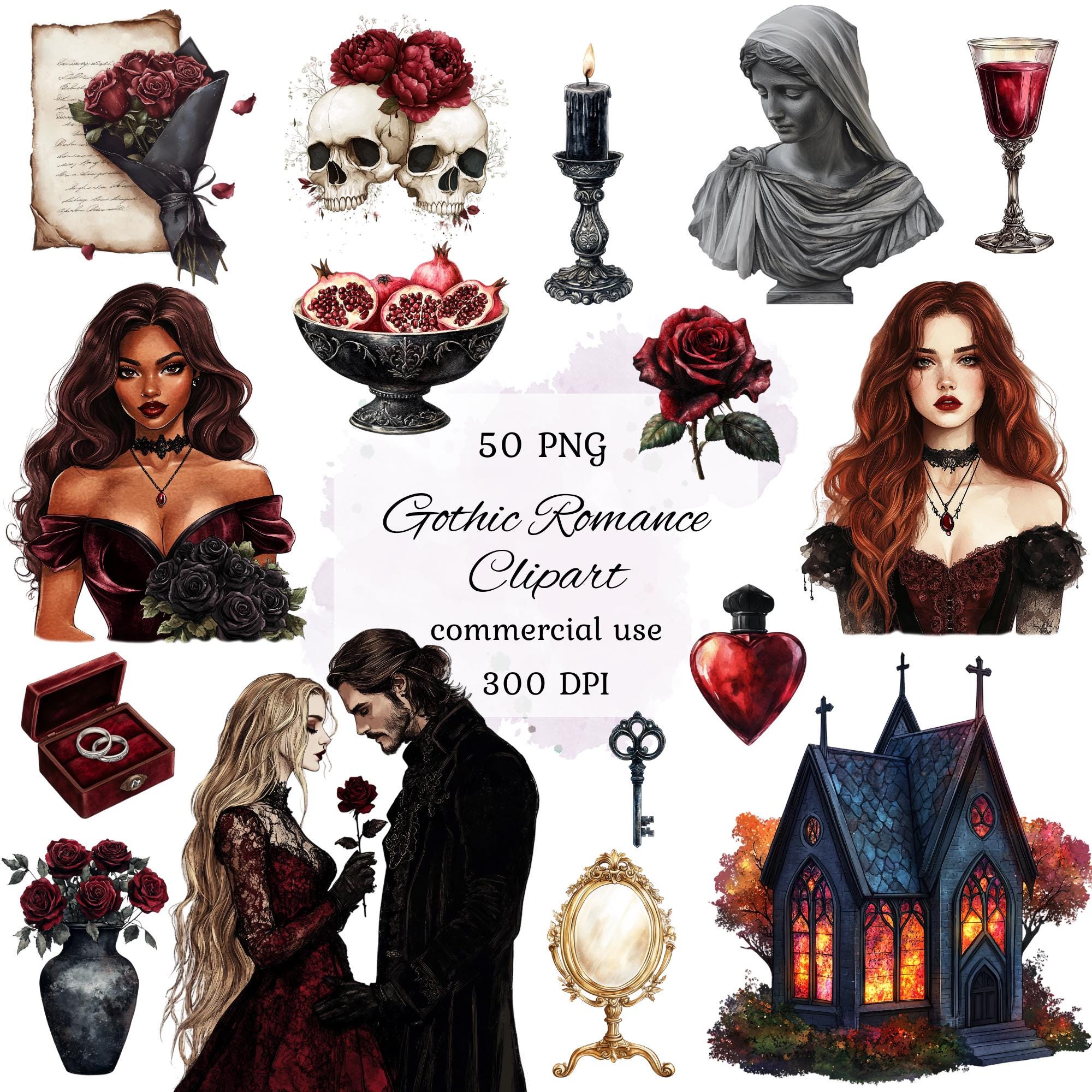 Watercolor Gothic Romance Clipart Png Bundle, Gothic Girl Clipart ...
