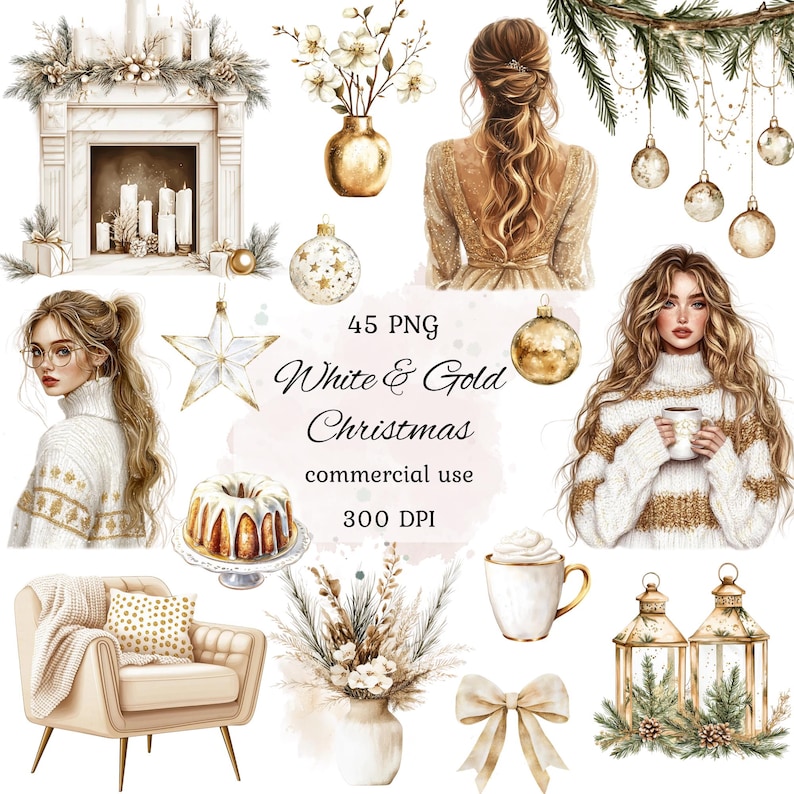 Gold Christmas Clipart Png Bundle, Watercolor Winter Clipart, Gold ...