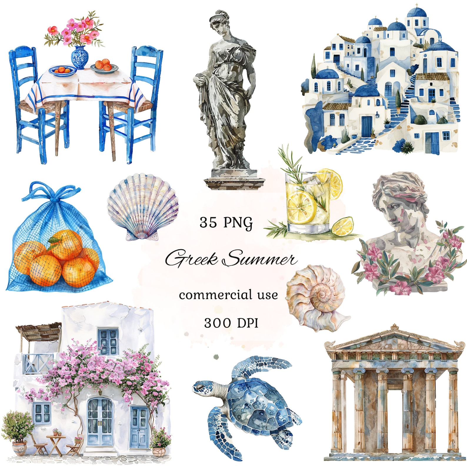 Greece Watercolor Clipart Png Bundle, Greek Clipart, Travel Clipart ...