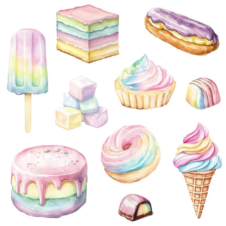 Watercolor Pastel Sweets Clipart Png Bundle, Dessert Clipart, Cake ...