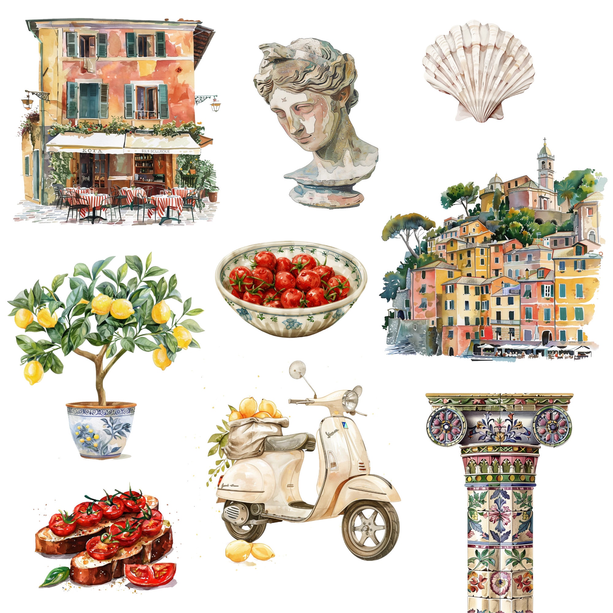 Italy Watercolor Clipart Png Bundle, Vacation Clipart, Summer Clipart ...