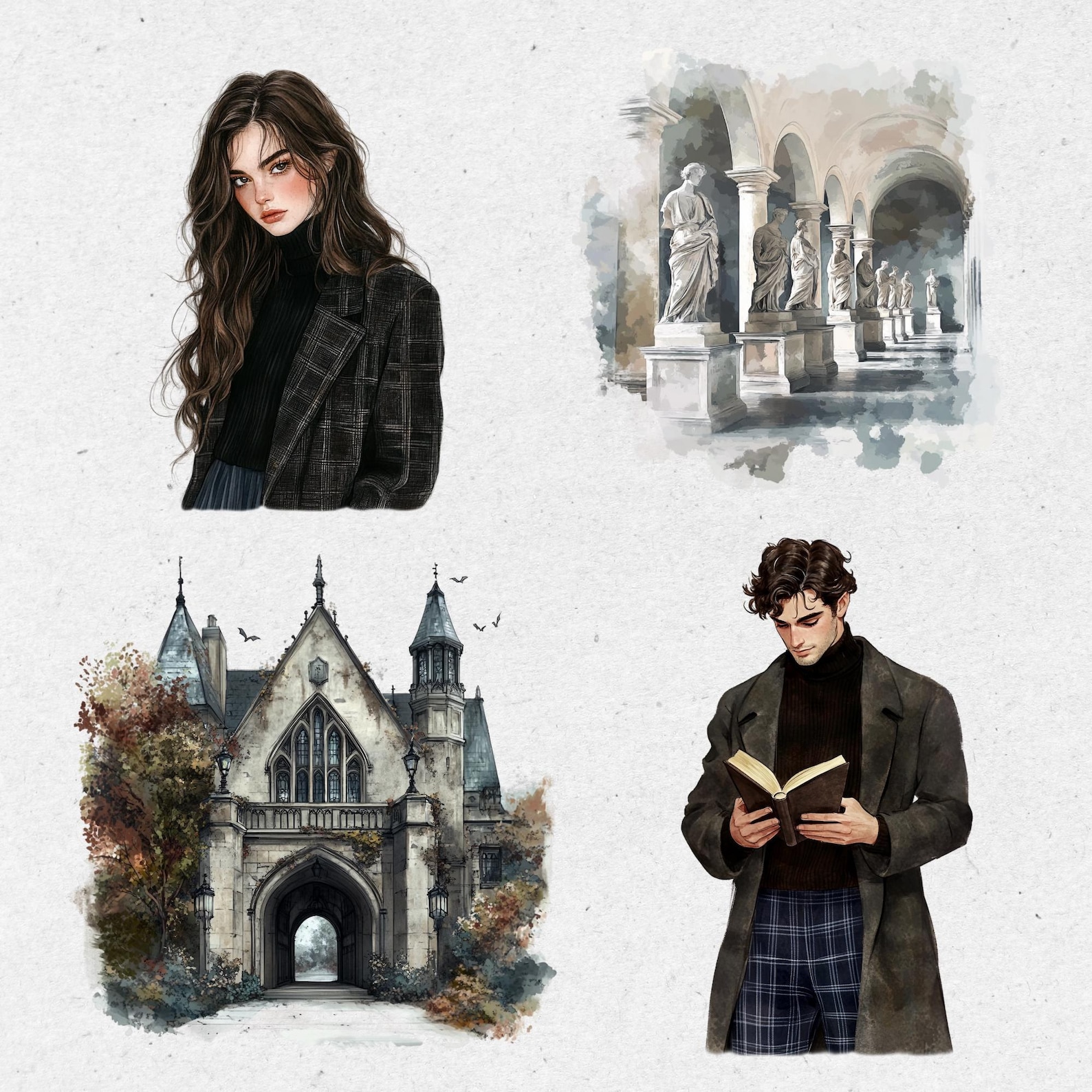 Dark Academia Clipart Png Bundle, Watercolor Goth Dark Academia, Library Clipart, Bookworm ...