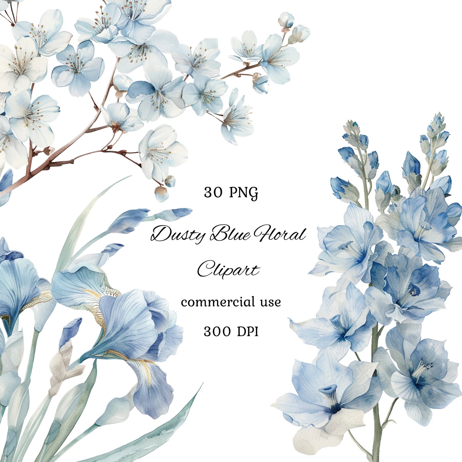 Dusty Blue Watercolor Floral Clipart Png Bundle, Dusty Blue Flowers Png ...