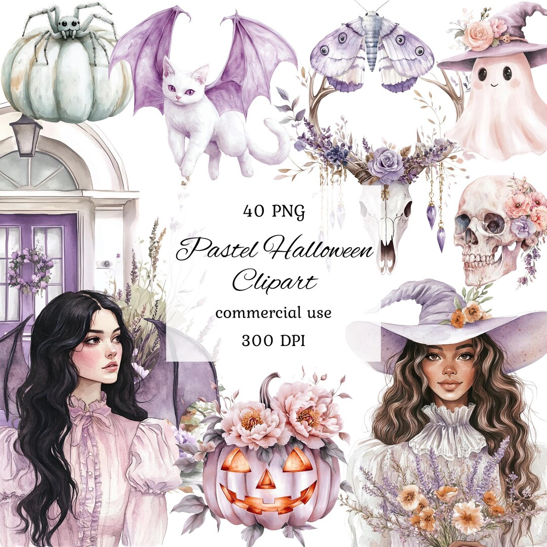 Watercolor Pastel Halloween Clipart Png Bundle, Pastel Floral Pumpkin ...