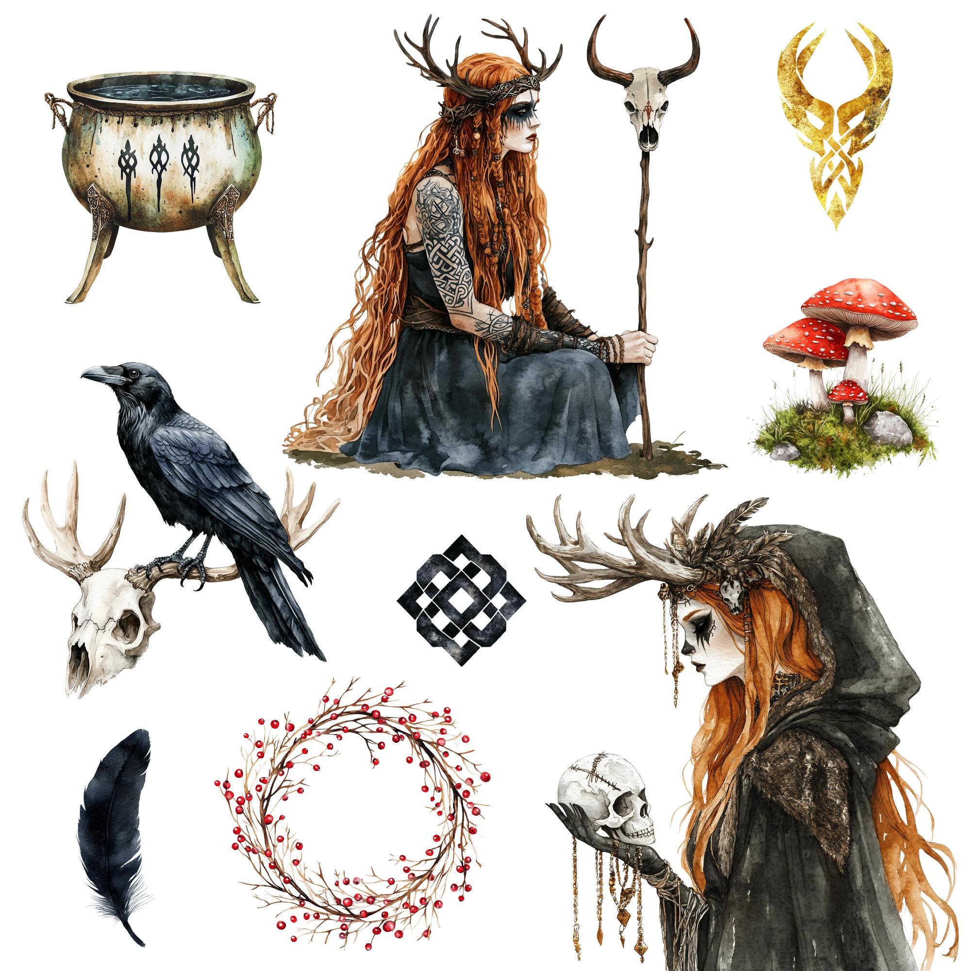 Watercolor Norse Witch Clipart Png Bundle, Norse Mythology, Pagan ...
