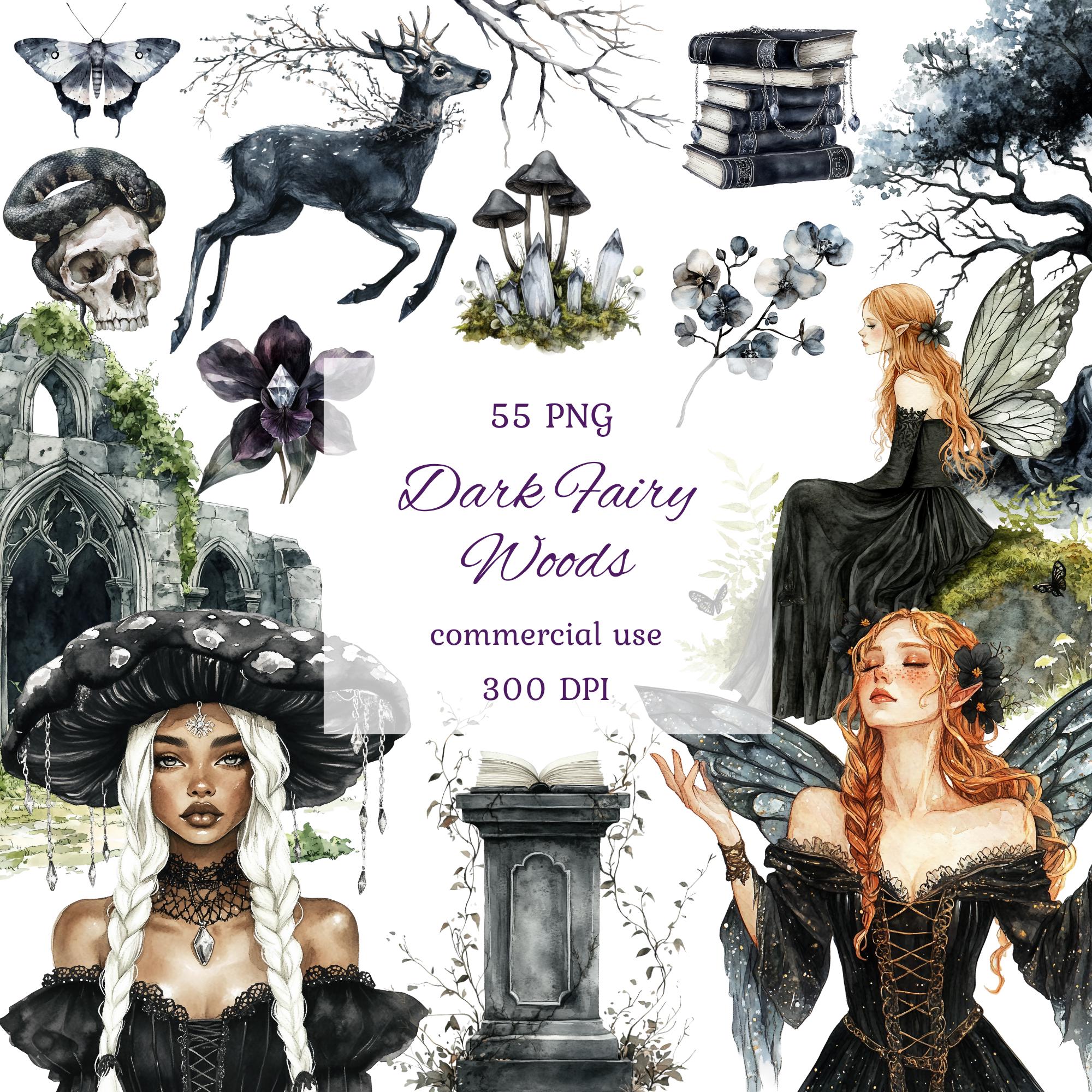 Watercolor Dark Fairy Clipart Png Bundle, Black Fairy Tale, Gothic ...