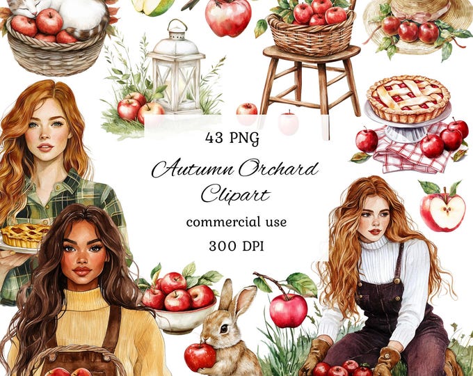 Apple Orchard Watercolor Clipart Bundle: Fall Farmhouse PNG Graphics ...