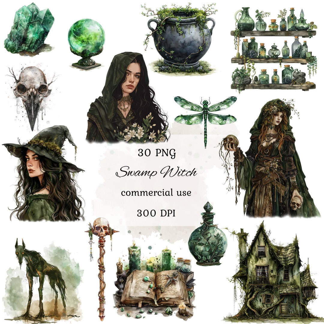 Swamp Witch Watercolor Clipart Png Bundle, Witchy Clipart, Occult Png ...