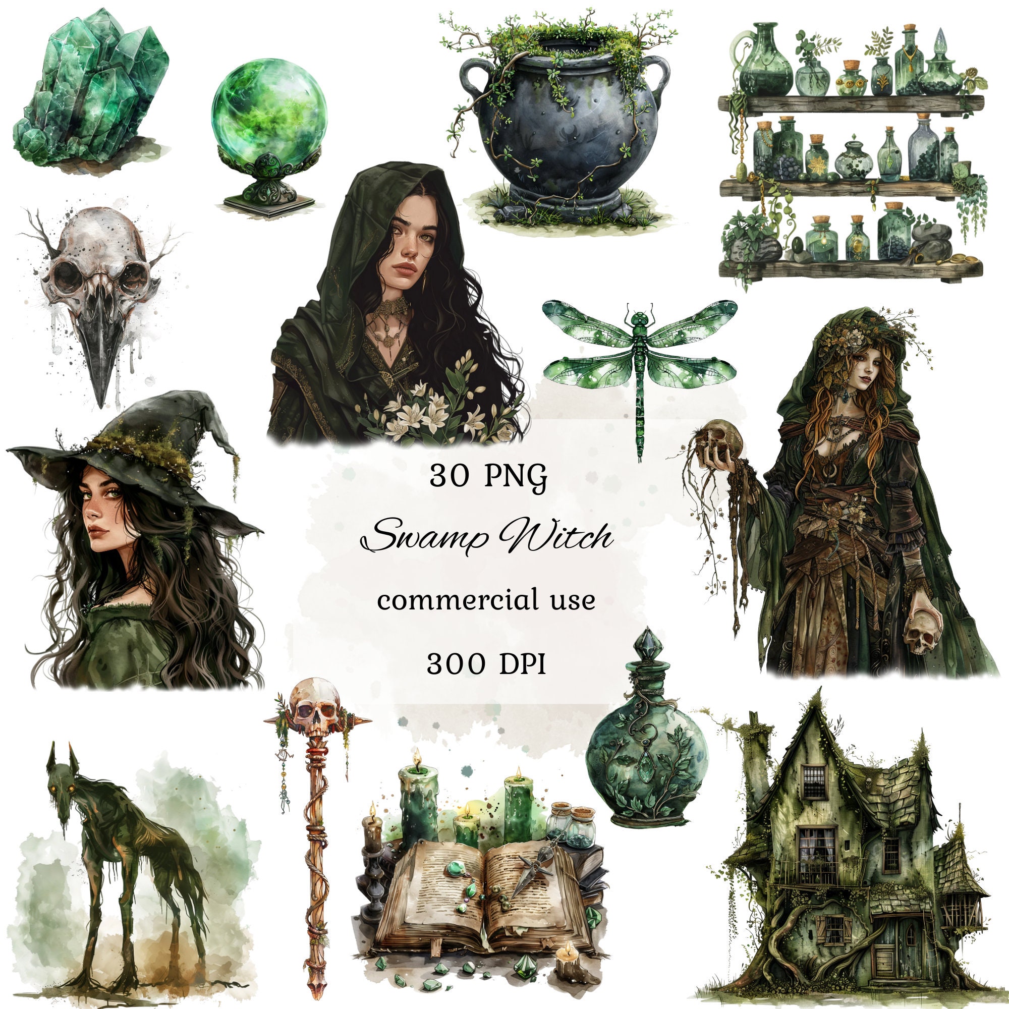 Swamp Witch Watercolor Clipart Png Bundle, Witchy Clipart, Occult Png ...