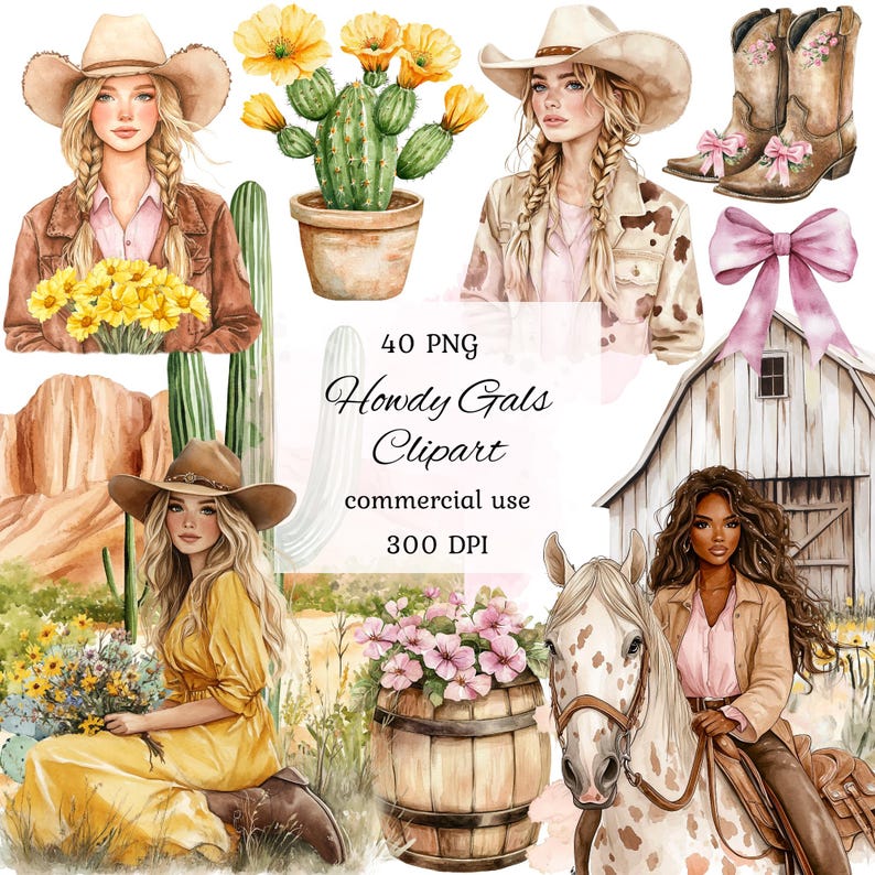 Pink Cowgirl Clipart Png Bundle, Cowgirl Watercolor Clipart, Cowgirl ...