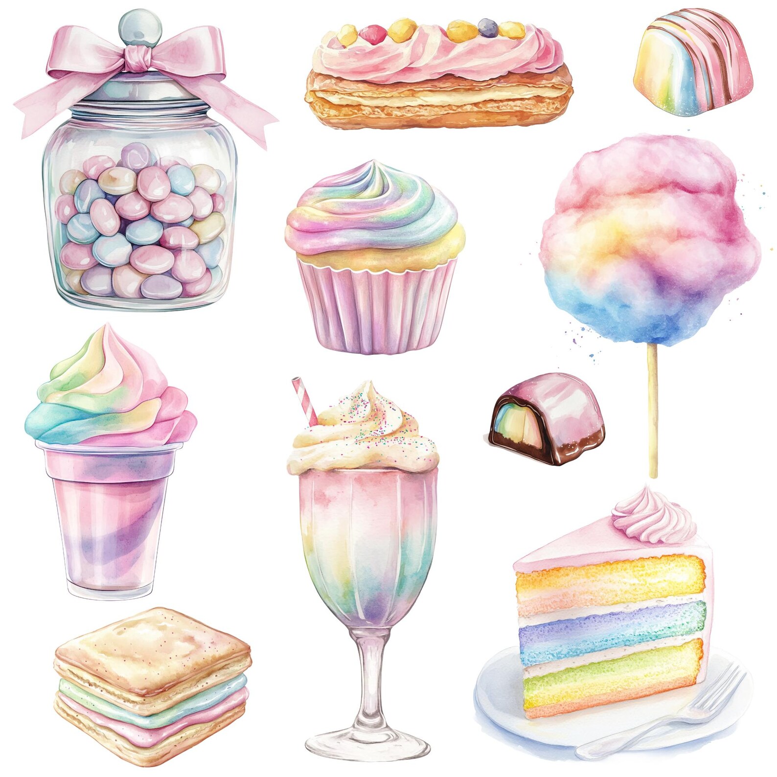 Watercolor Pastel Sweets Clipart Png Bundle, Dessert Clipart, Cake ...