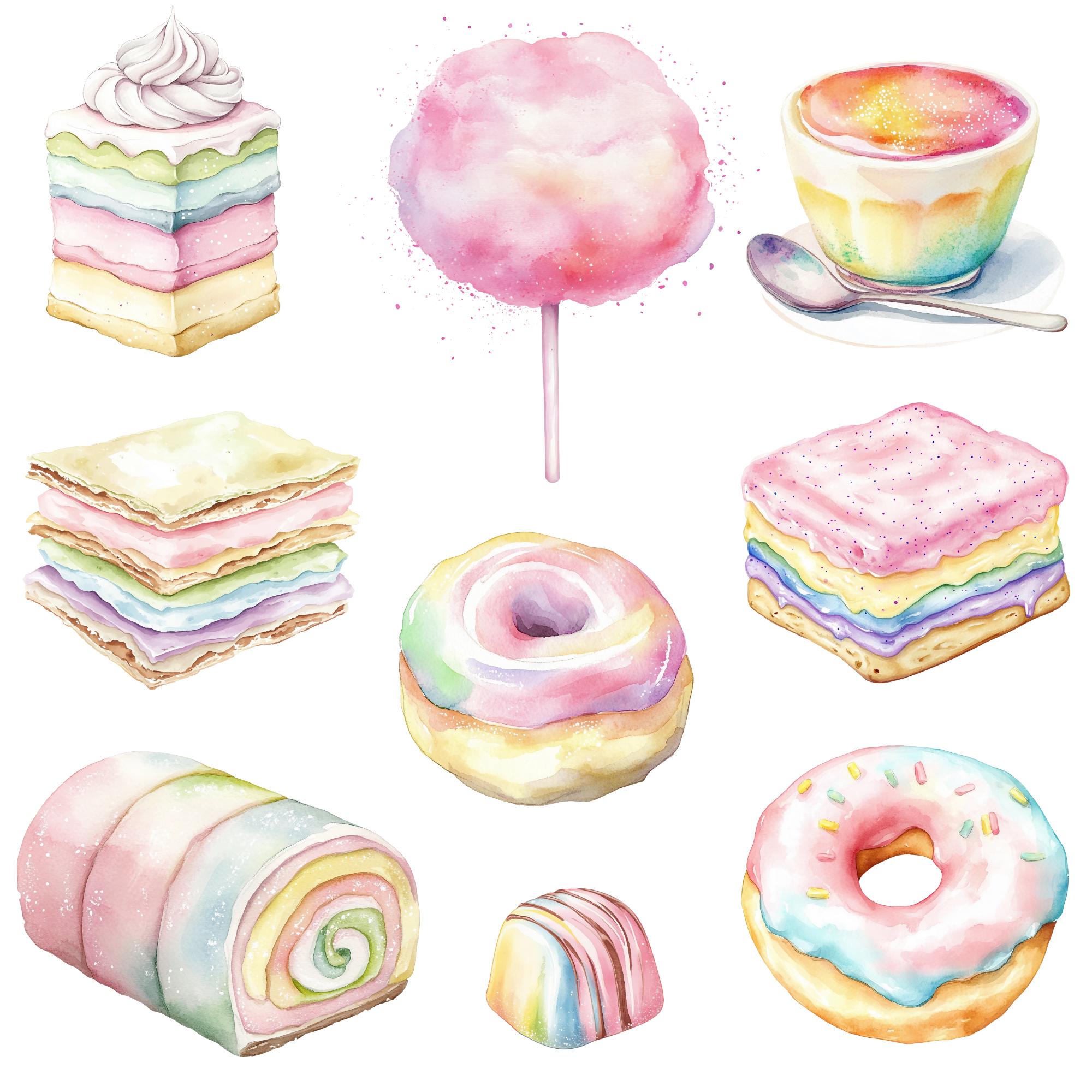 Watercolor Pastel Sweets Clipart Png Bundle, Dessert Clipart, Cake ...