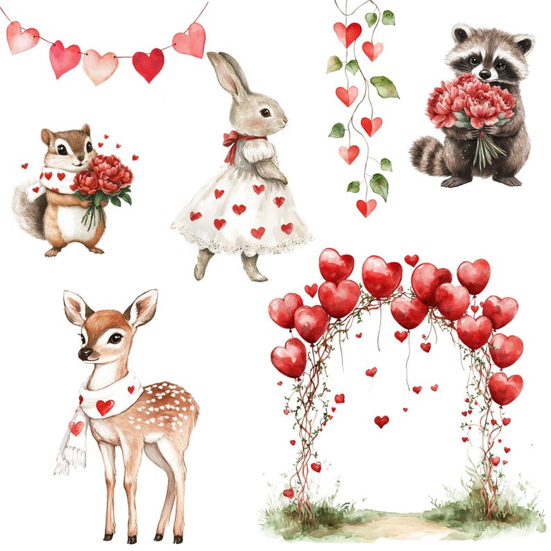 Watercolor Valentine Woodland Animals Clipart Png Bundle, Valentine's ...