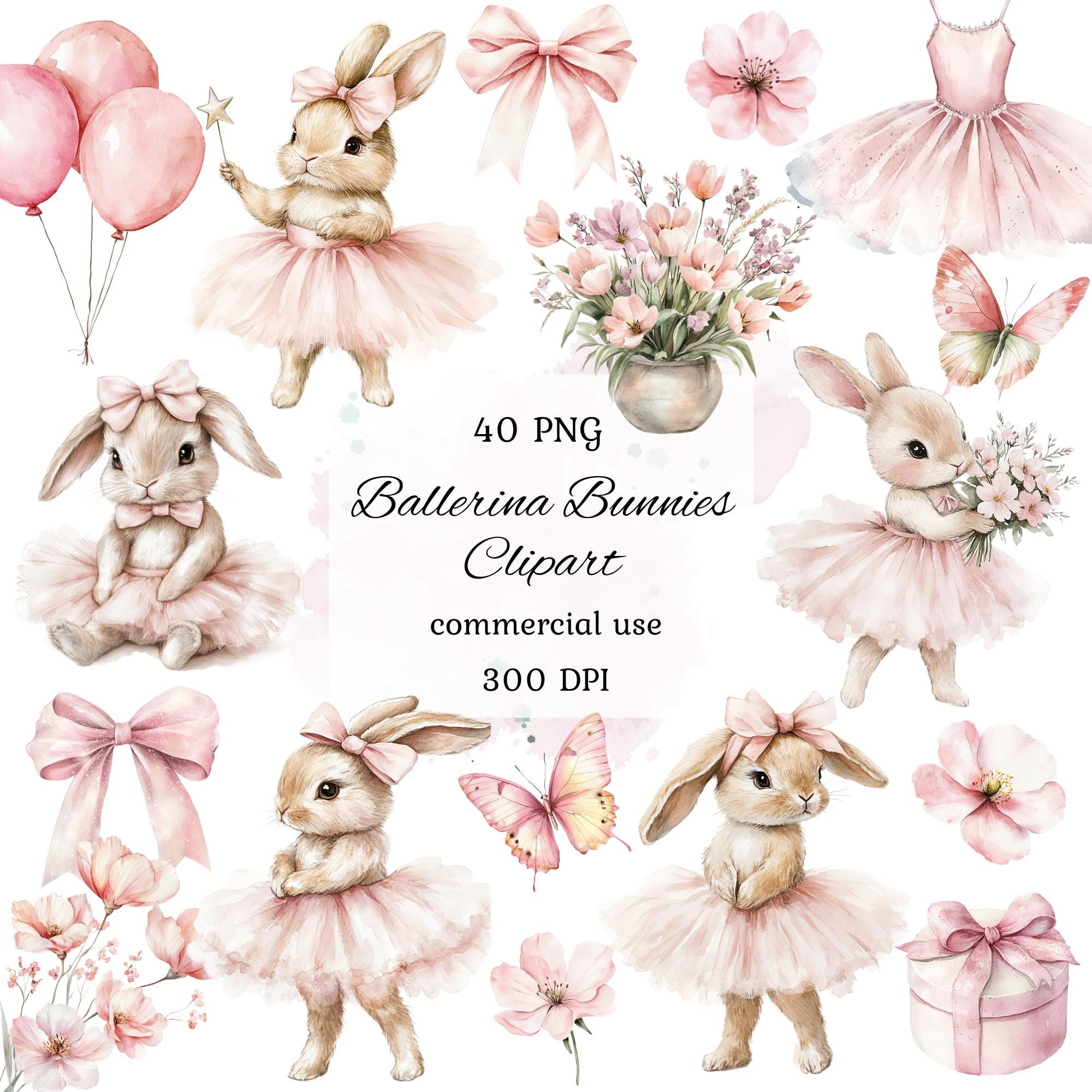 Watercolor Ballerina Bunny Clipart Png Bundle, Floral Bunny Clipart ...