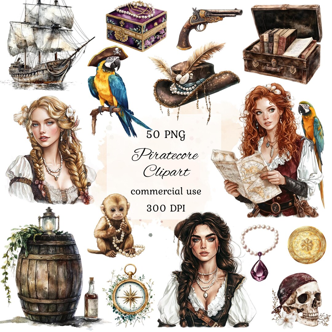 Watercolor Piratecore Clipart Png Bundle, Pirate Ship Clipart, Pirate ...