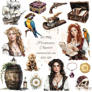 Watercolor Piratecore Clipart Png Bundle, Pirate Ship Clipart, Pirate ...