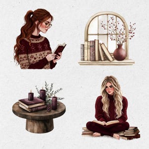 Cozy Reading Clipart Png Bundle, Bookworm, Book Lover Clipart ...