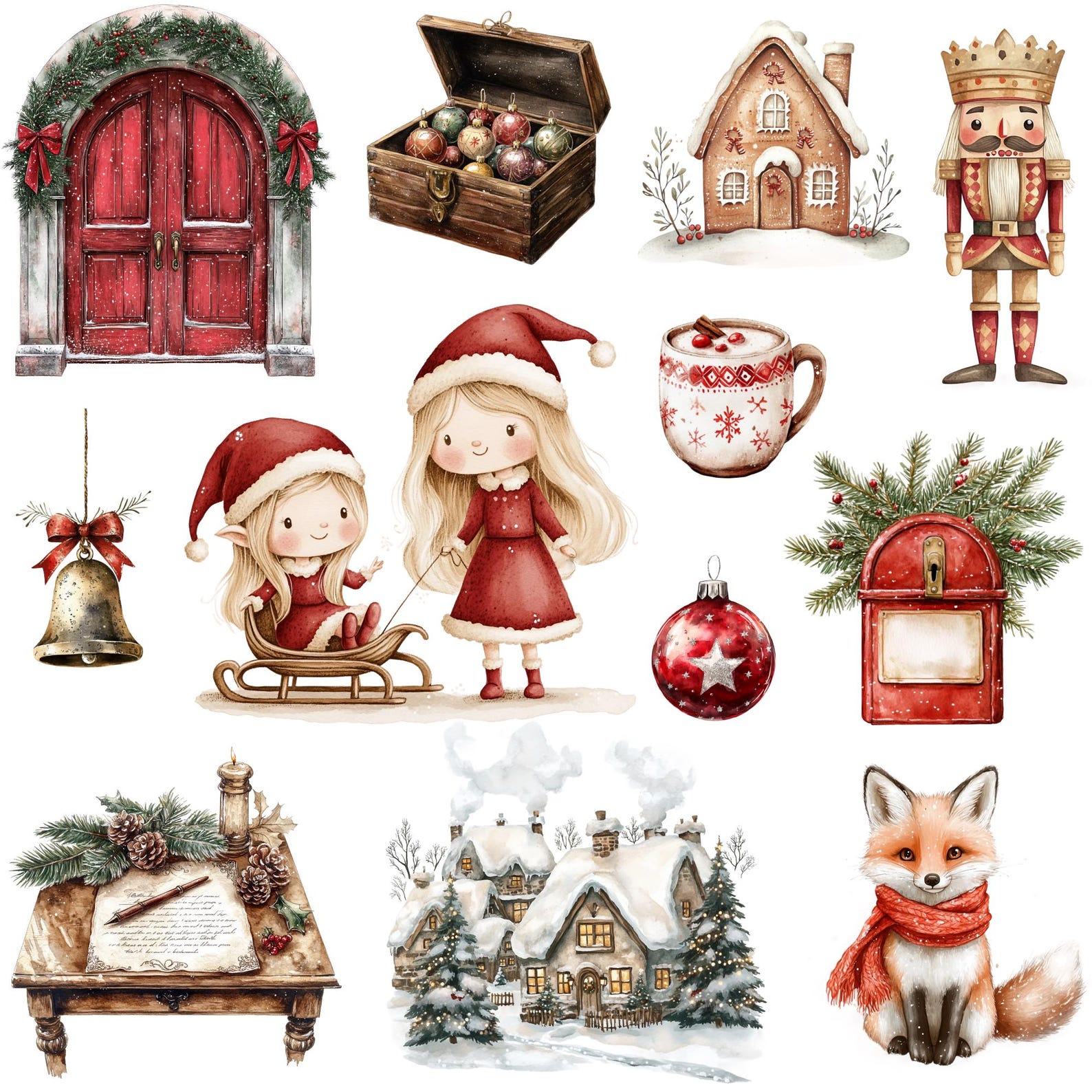 Watercolor Santa's Village Clipart Png Bundle, Reindeer Christmas ...