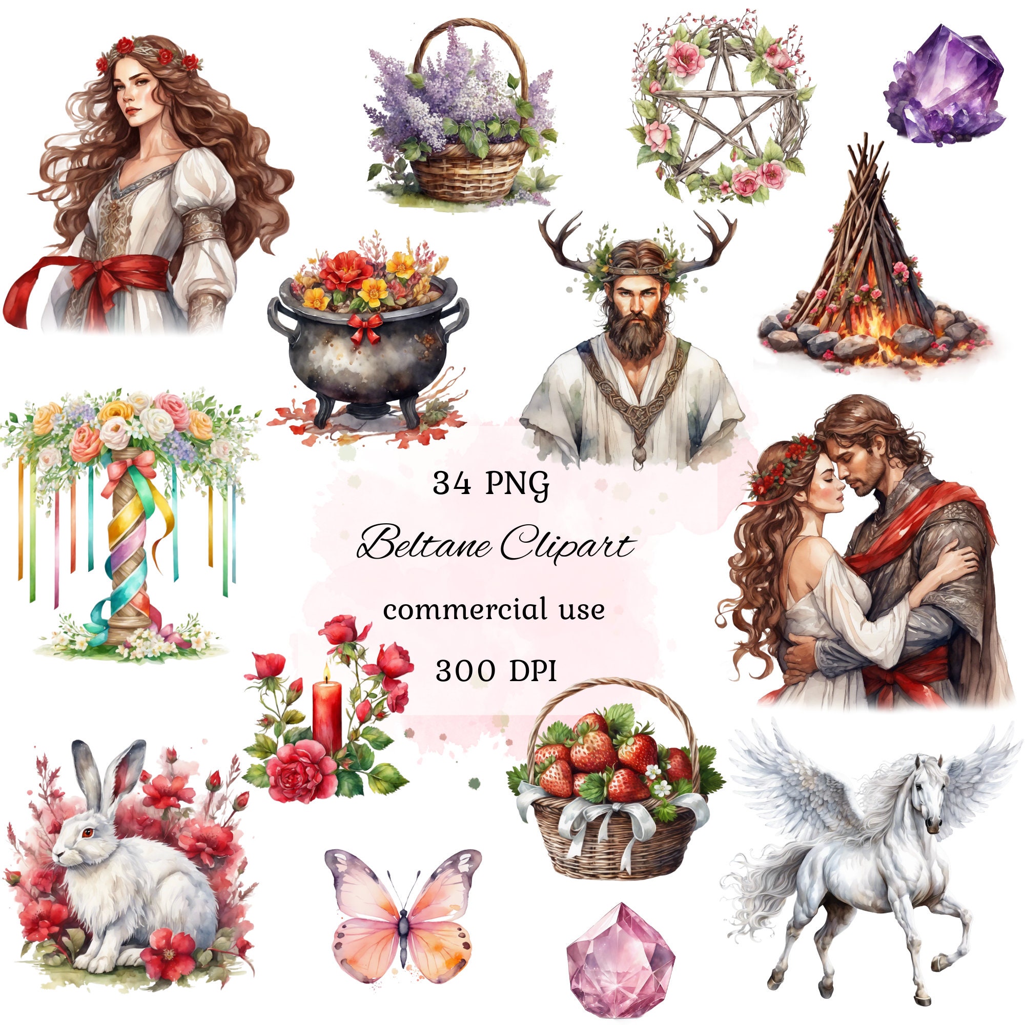 Watercolor Beltane Clipart Bundle, Celtic Neopagan Wiccan Clipart, Ai ...