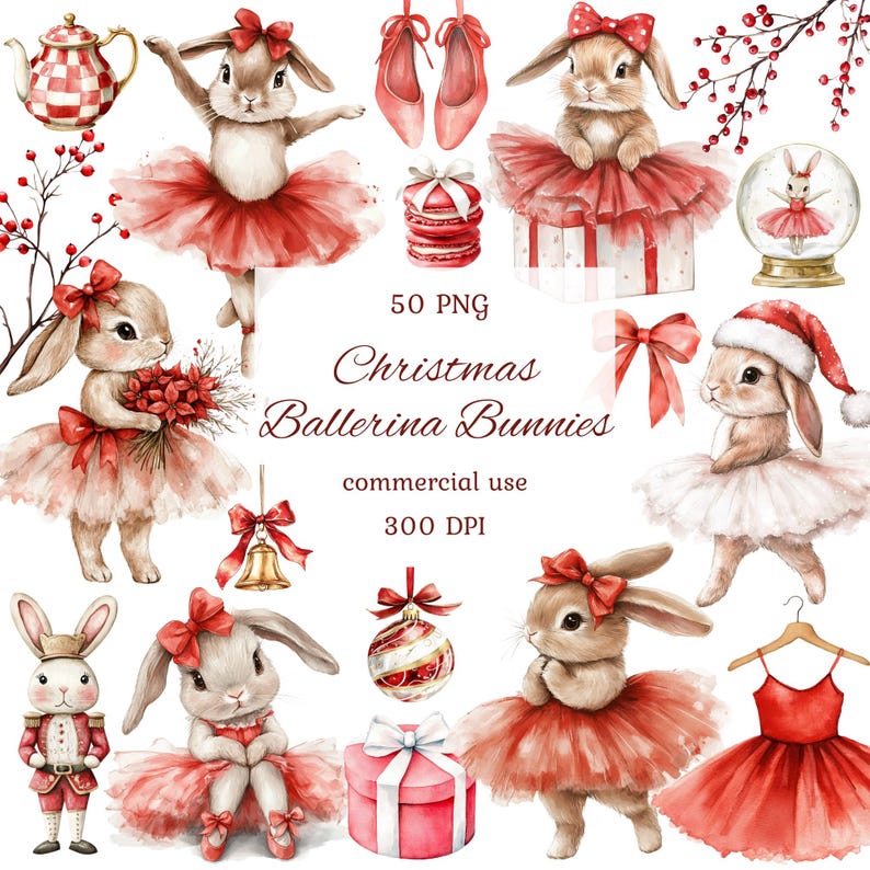 Watercolor Christmas Ballerina Bunny Clipart Png Bundle, Whimsical ...