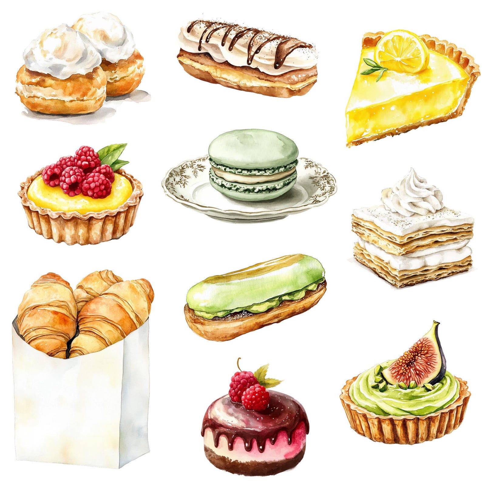 Watercolor French Patisserie Clipart Png Bundle, Patisserie Pastries ...