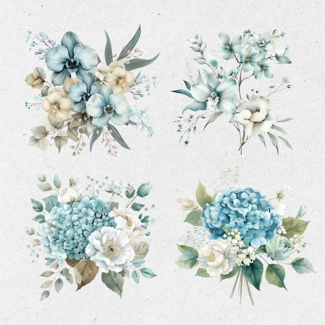 Aqua Floral Watercolor Clipart Png Bundle, Aqua Blue Floral Clipart ...