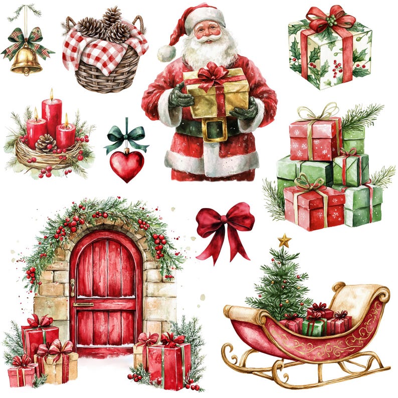Watercolor Classic Christmas Clipart Png Bundle, Rustic Christmas Gift ...