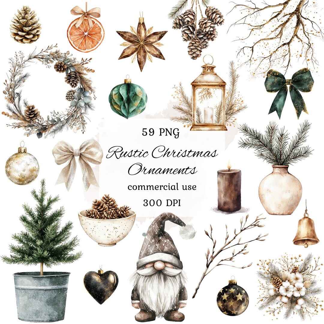 Rustic Christmas Ornaments Clipart Png Bundle, Boho Christmas Wreath ...