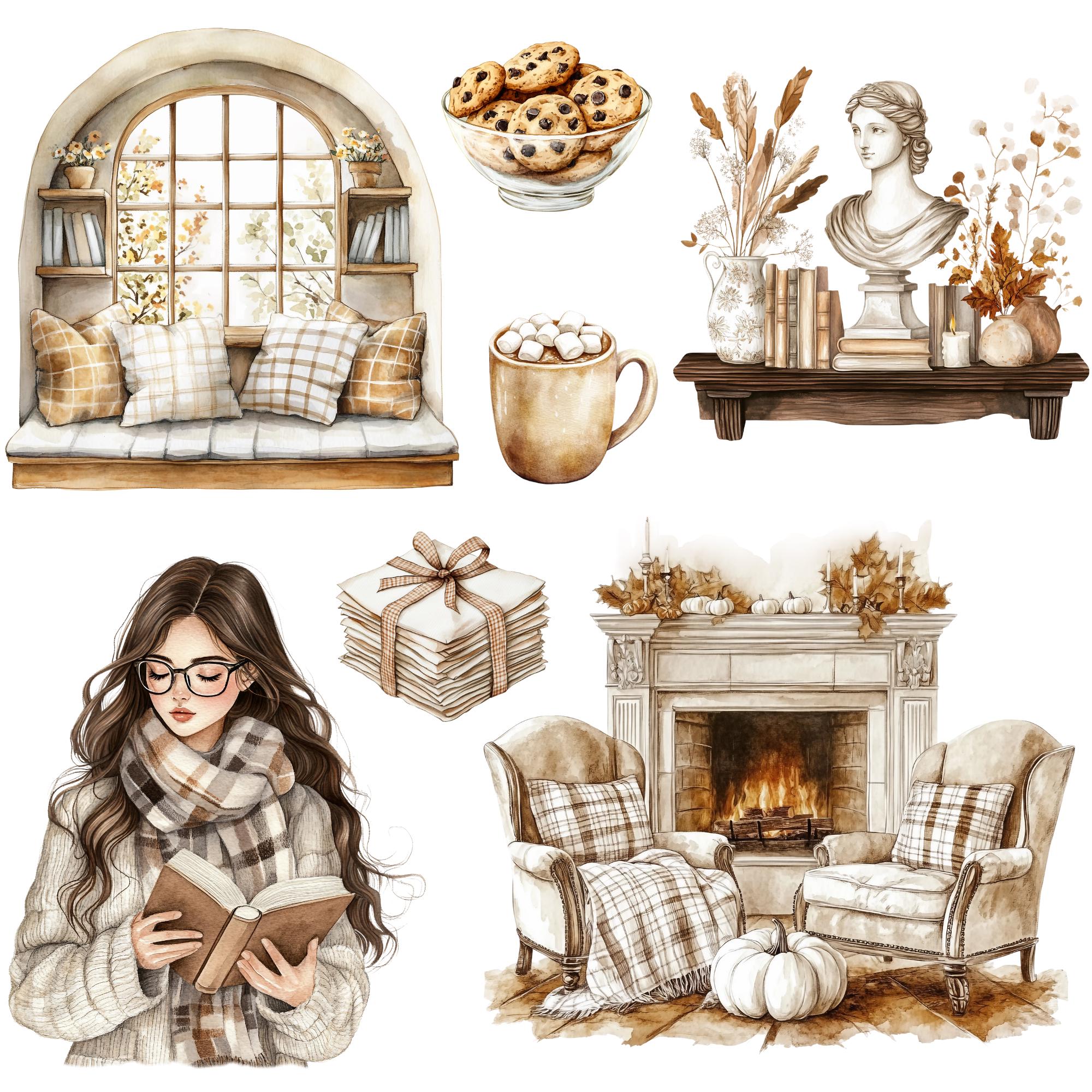 Watercolor Rustic Autumn Clipart Png Bundle, Neutral Autumn Reading ...