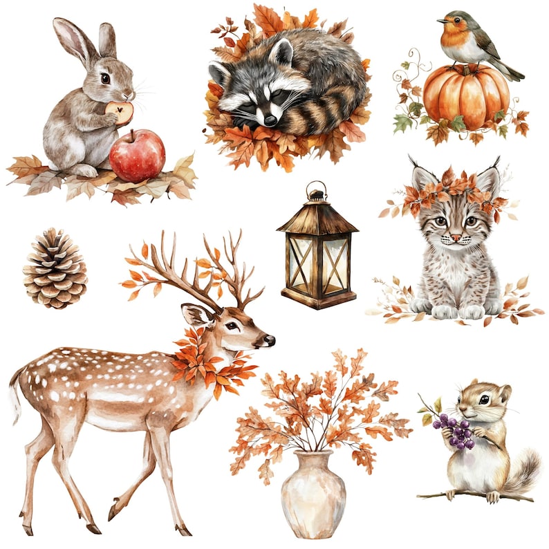 Watercolor Autumn Woodland Clipart Png Bundle, Fall Forest Animals ...