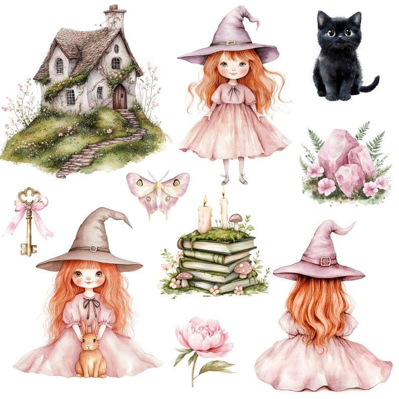 Watercolor Pink Witch Clipart Png Bundle, Cute Witch Clipart, Whimsical ...