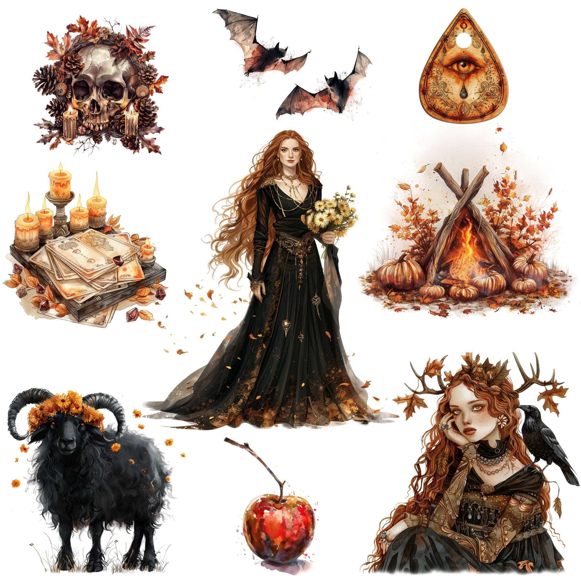 Samhain Watercolor Clipart Png Bundle, Celtic Neopagan Wiccan Clipart ...