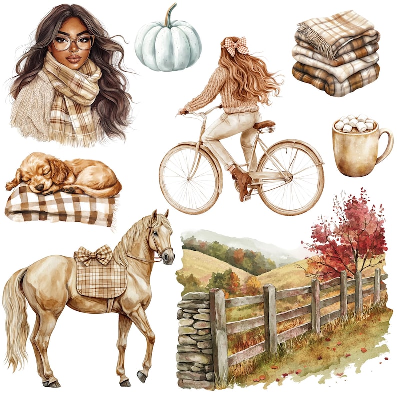 Watercolor Rustic Autumn Clipart Png Bundle, Neutral Autumn Reading ...