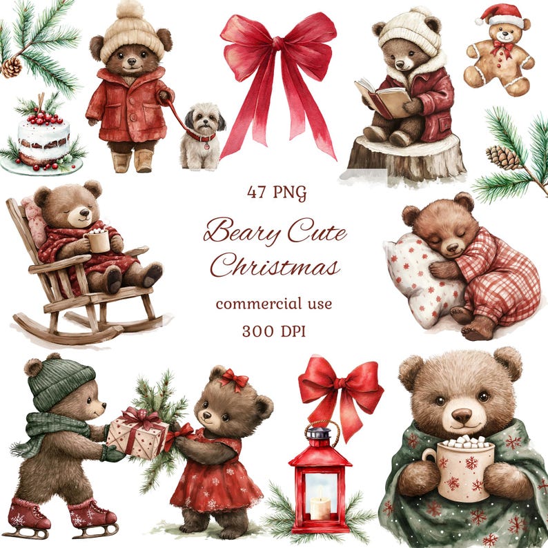 Watercolor Christmas Bear Clipart Bundle: Holiday Nursery Decor (PNG ...