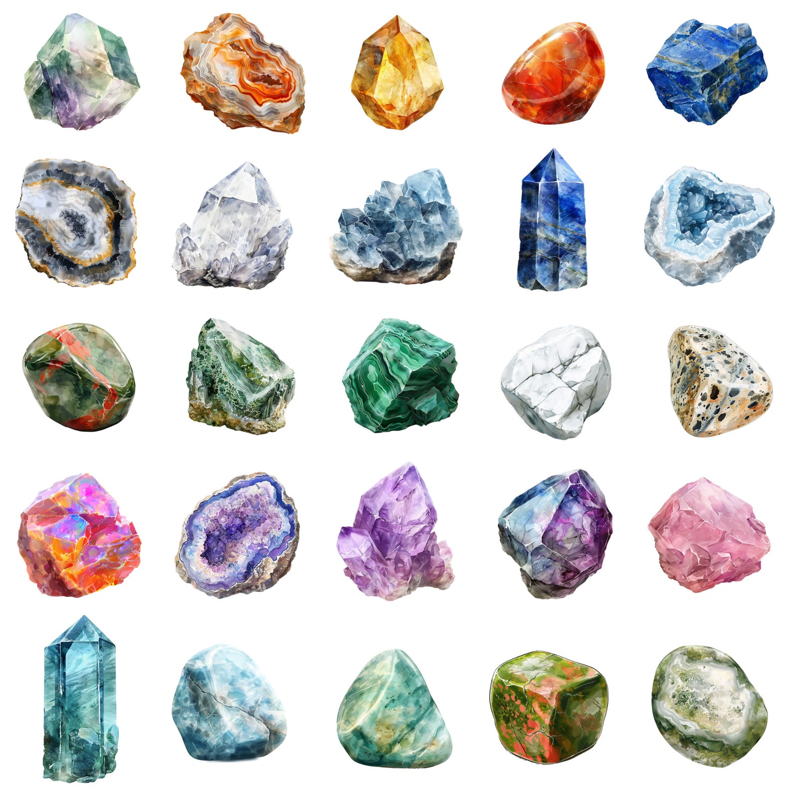 Crystal Gemstones Watercolor Clipart Png Bundle, Crystals Clipart ...