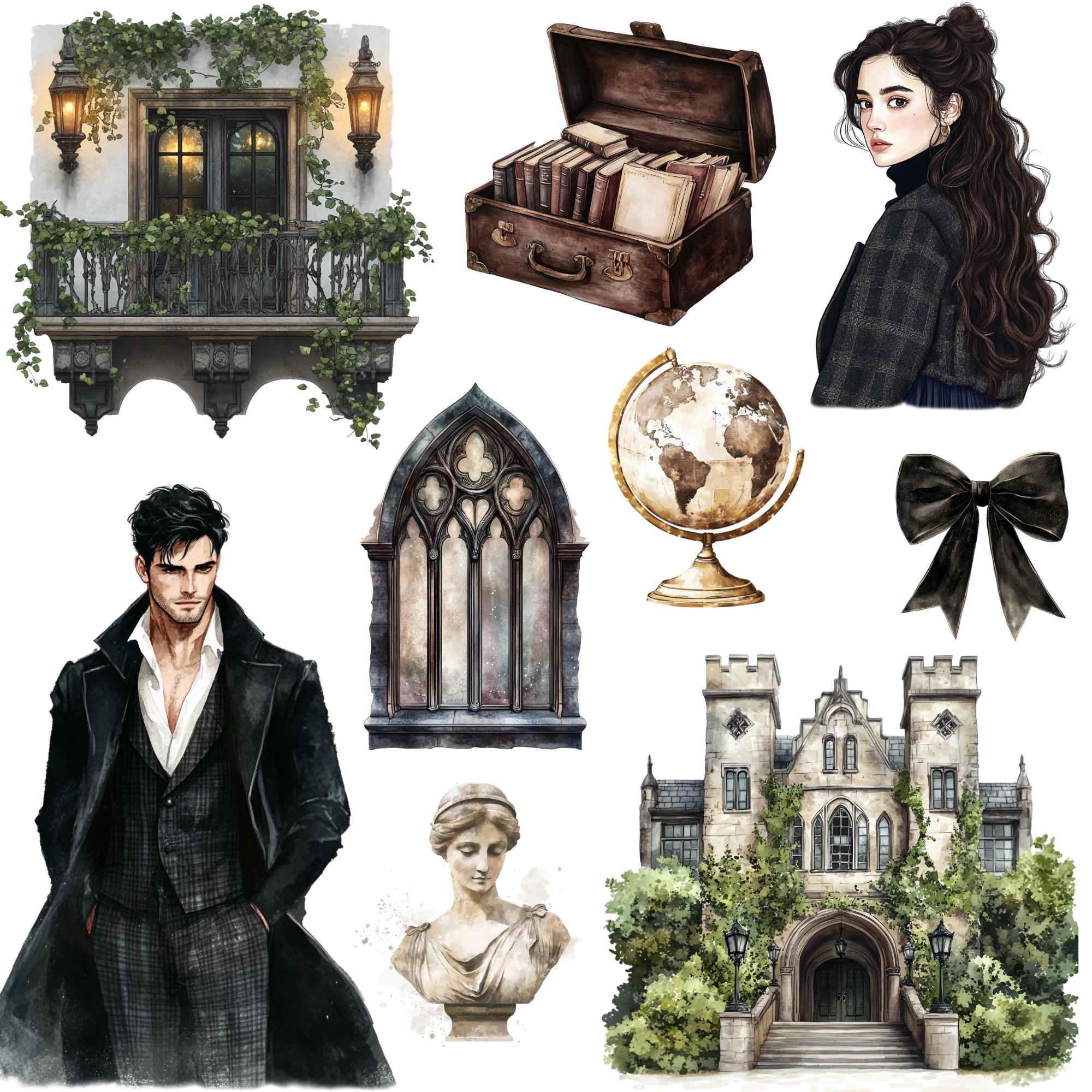 Dark Academia Clipart Png Bundle, Watercolor Goth Dark Academia, Library Clipart, Bookworm ...