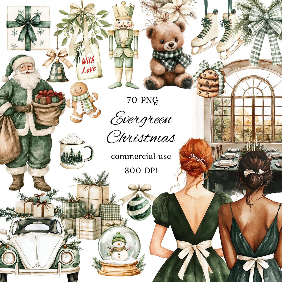 Watercolor Green Christmas Clipart Png Bundle, Rustic Christmas Tree ...