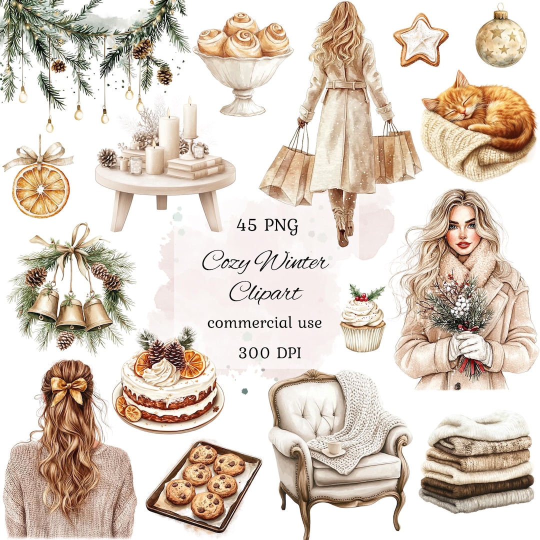 Cozy Winter Clipart Png Bundle, Watercolor Winter Clipart, Holiday ...